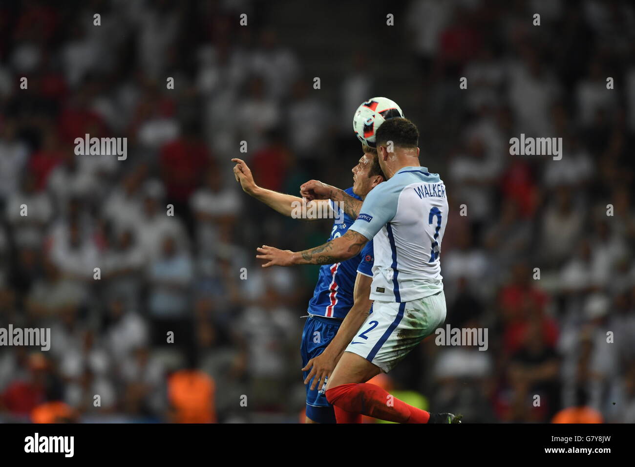 Nice, France. 27th June, 2016. Theodor Elmar Bjarnason (L) of Iceland ...