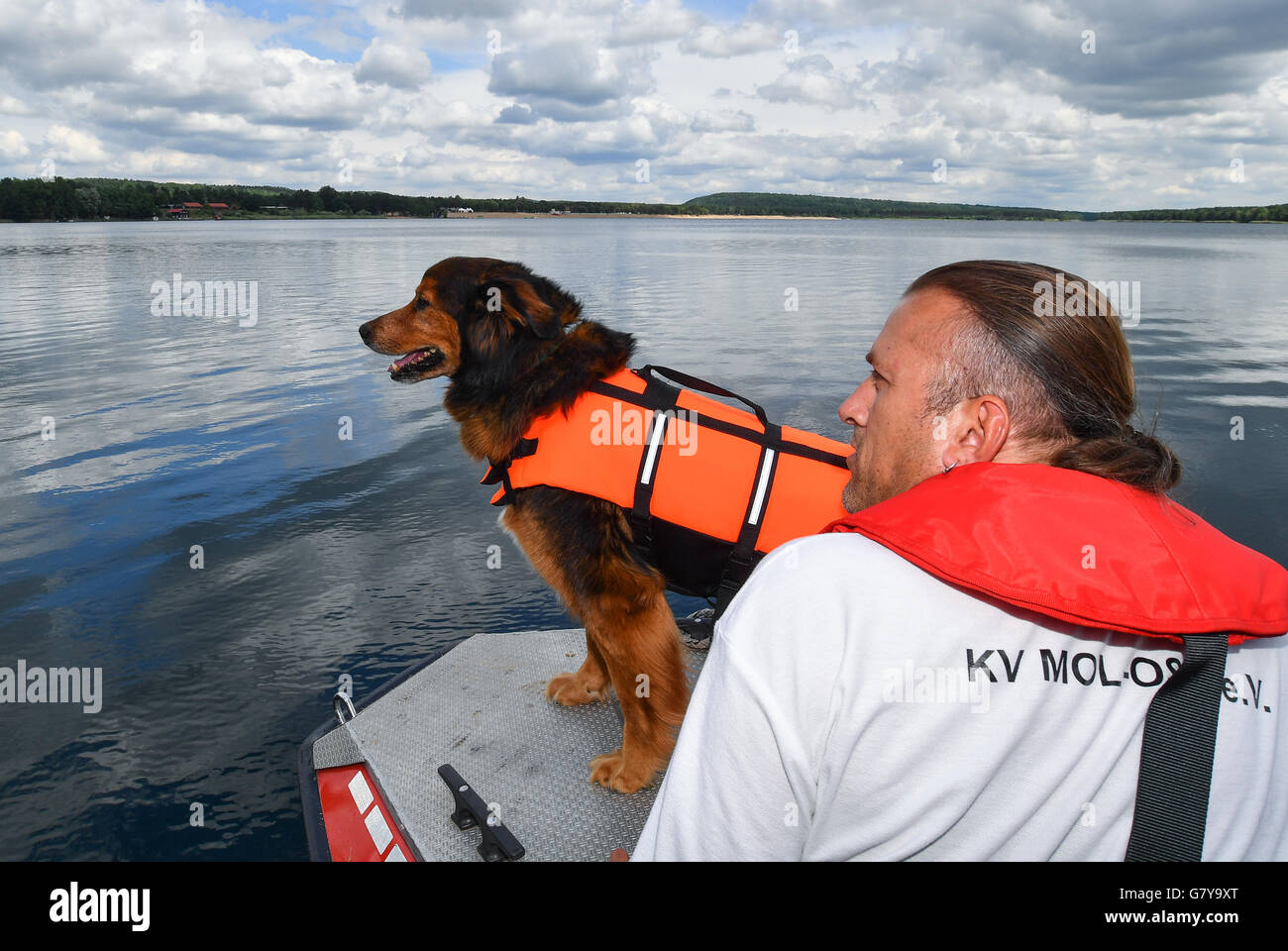 Dog handler Christian Arlt of the German Red Cross (DRK) and his water ...