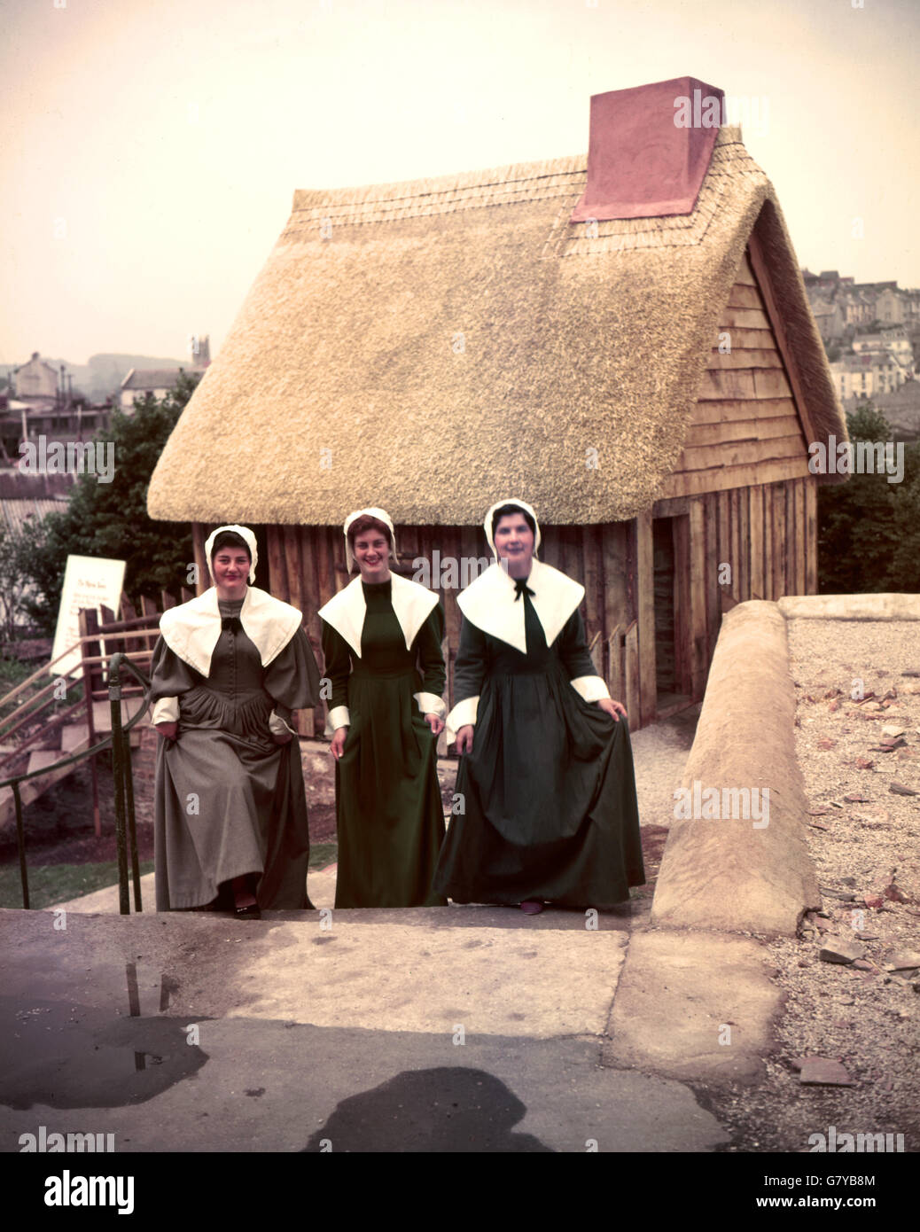 Women dressed as pilgrims at Brixham as work continues on the building ...