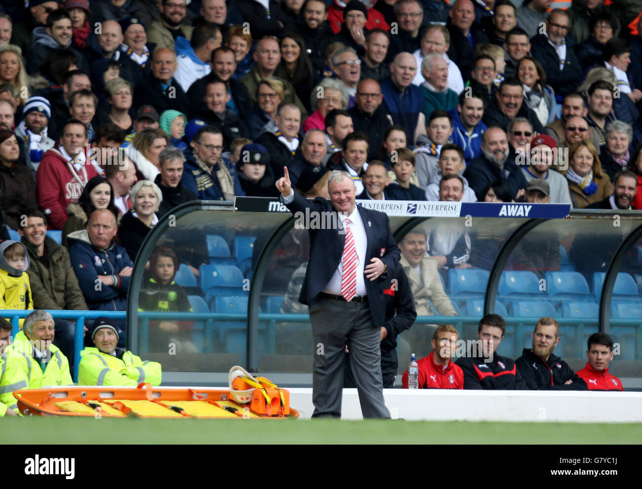 Rotherham Manager, Steve Evans cheerfully reacts the the Leeds Chants ...