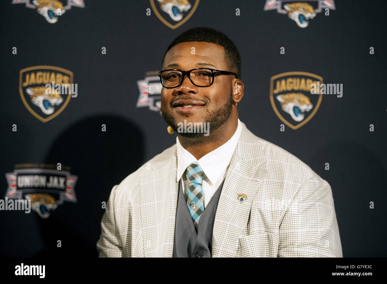 Former Jaguars player Marcus Stroud on stage during the NFL draft Stock ...