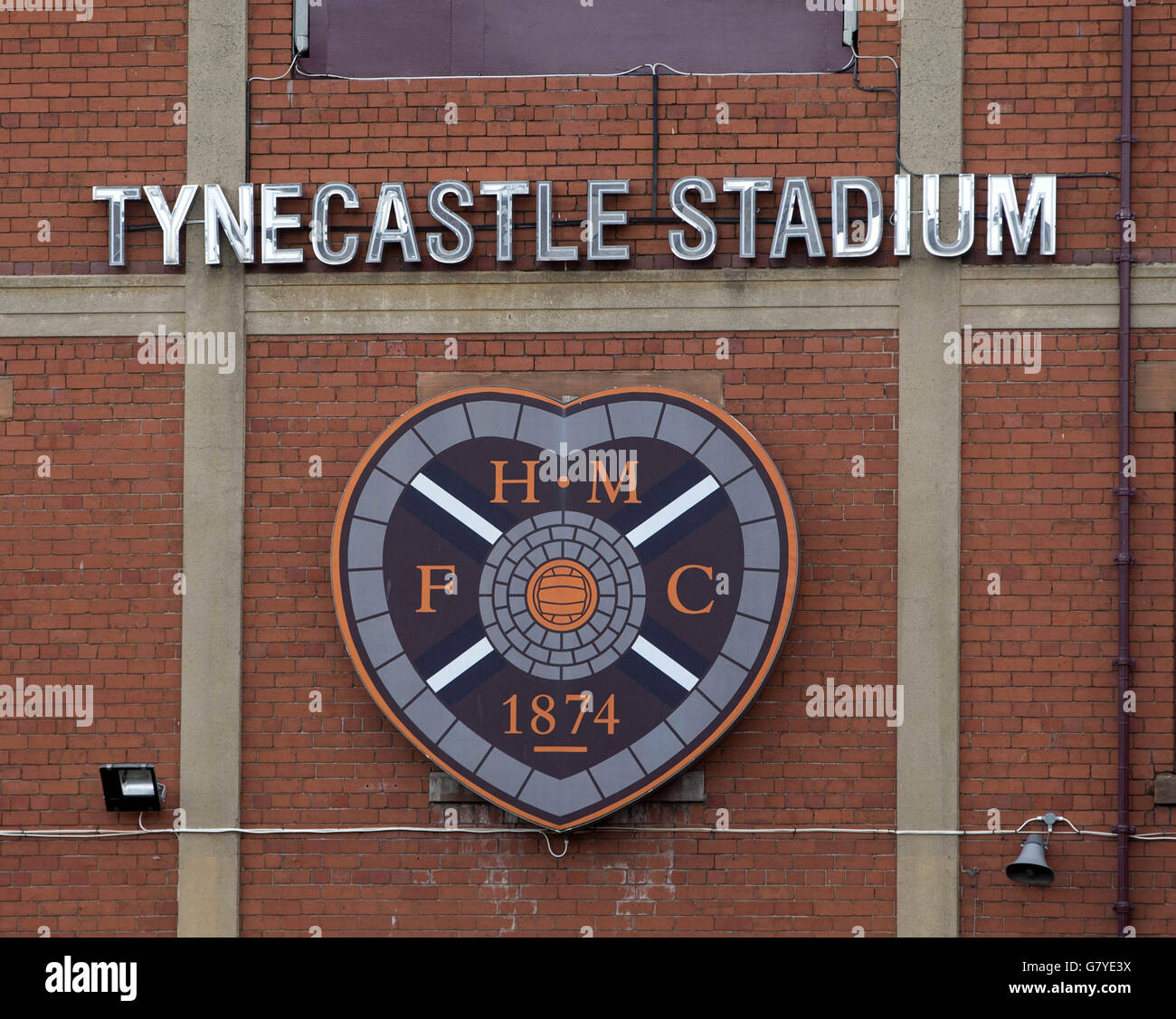 A general view of Heart of Midlothian signage at Tynecastle Stadium ...