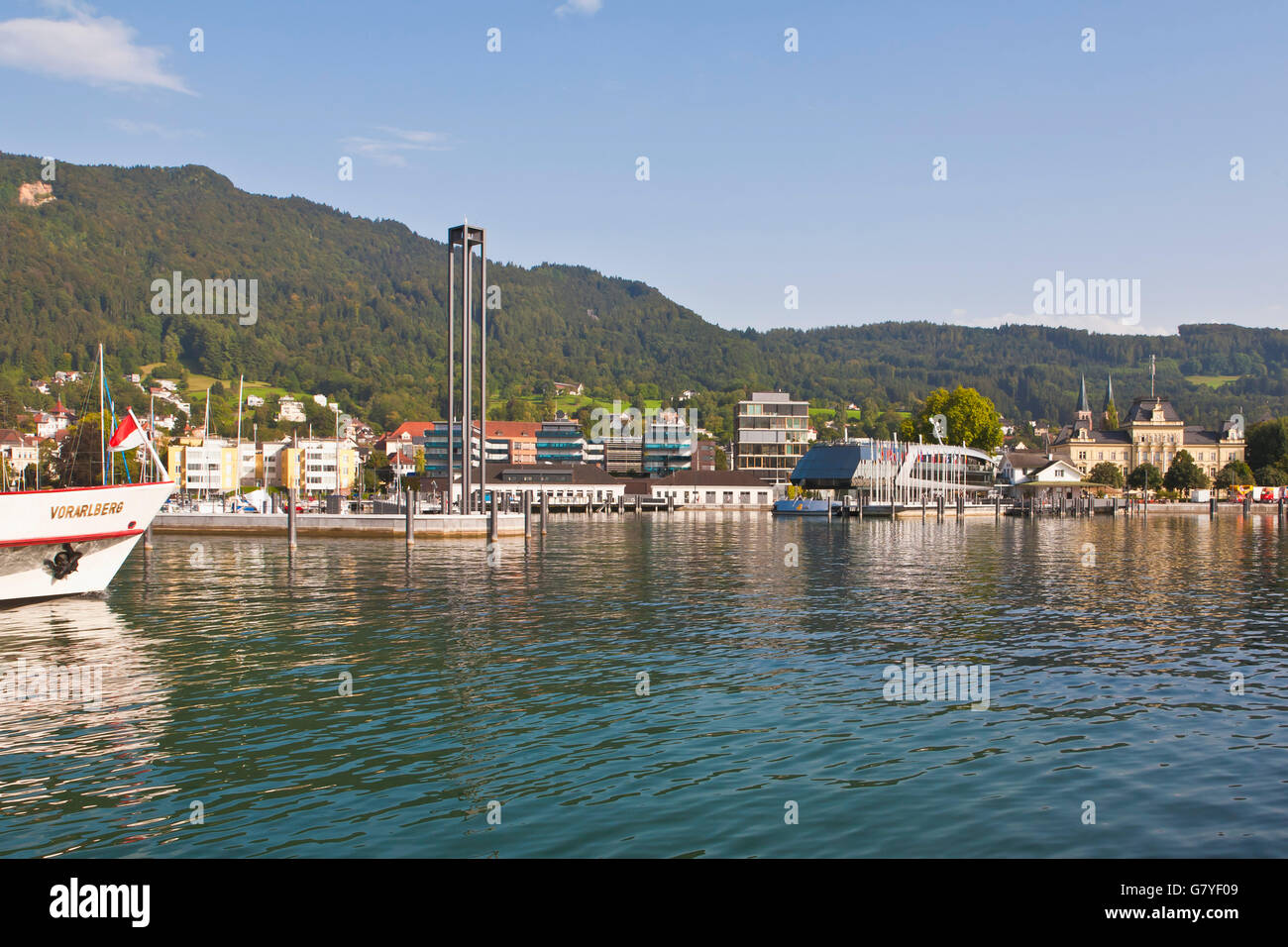 Excursion boat at the port entrance, ships, Bregenz, Bodensee, Lake ...