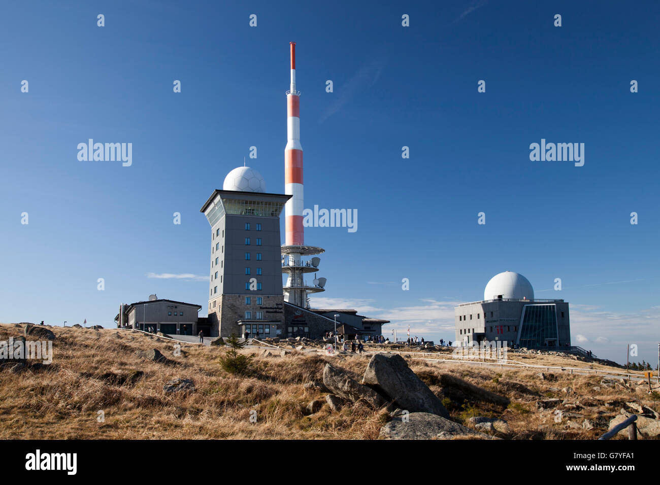 Brockenhaus building, Brockenherberge hostel and an antenna mast on the ...