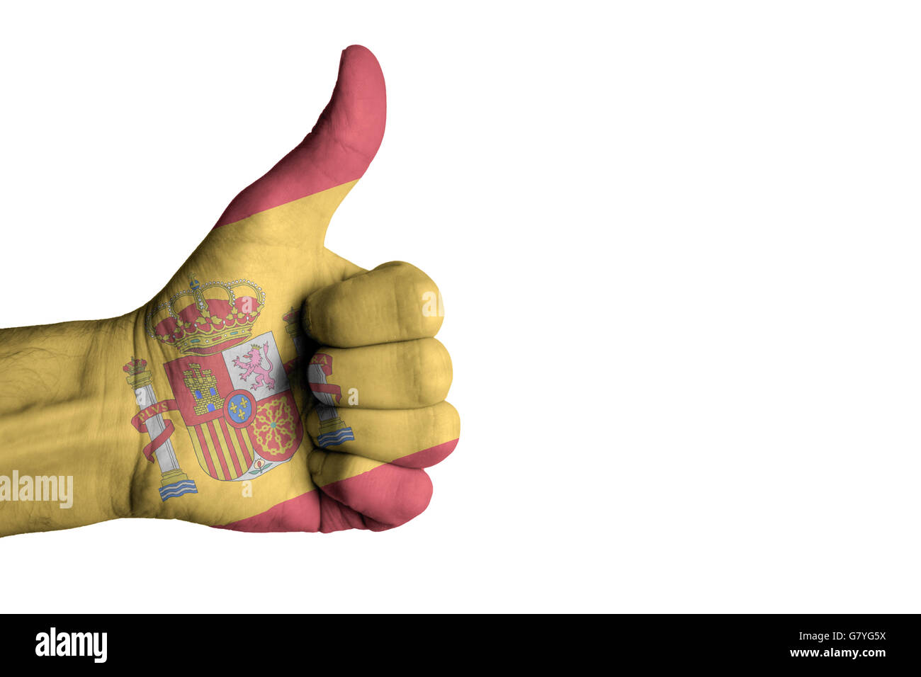 Spain flag on human male thumb up hand Stock Photo - Alamy