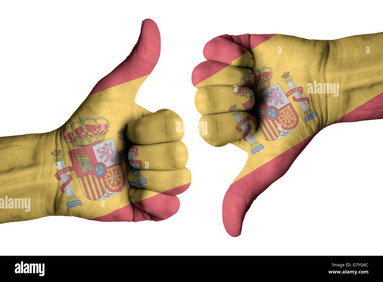 Spain flag on human male thumb up and down hands Stock Photo - Alamy