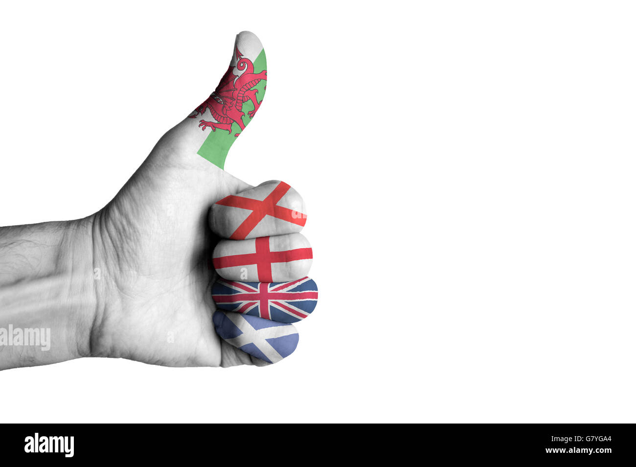 Union Jack flag on human thumb up male hands Stock Photo - Alamy