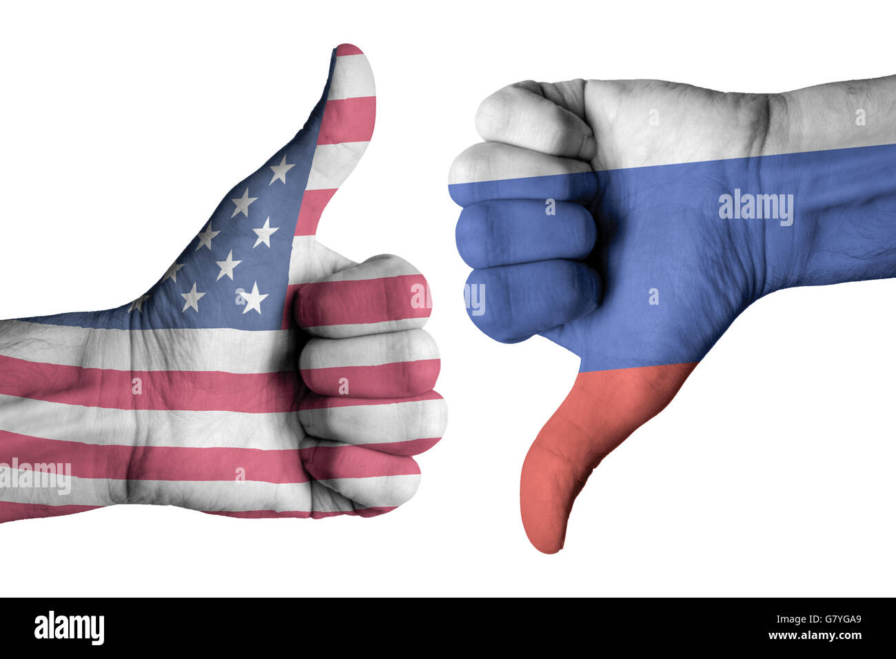 Russian and USA flag on human male hands Stock Photo - Alamy