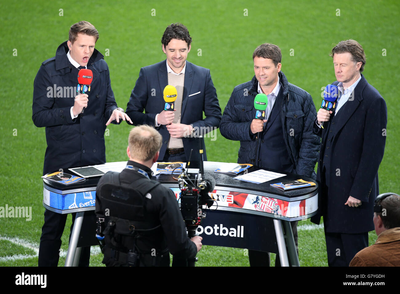 BT Sport presenter Jake Humphrey (left) speaks with pundits Owen ...
