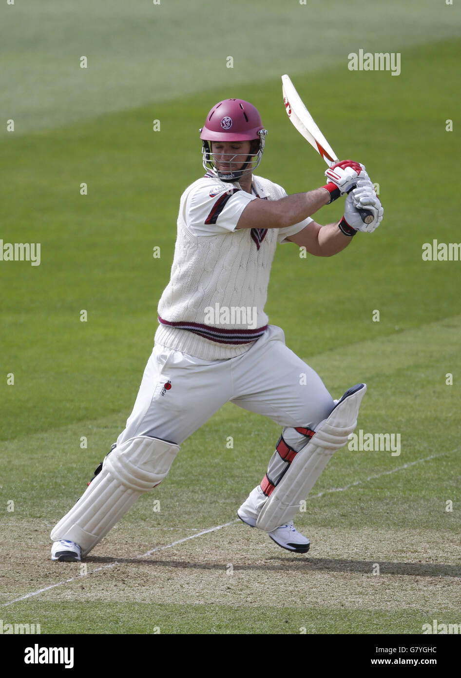 Somerset's Jim Allenby hits out agains during Day 2 of the match ...