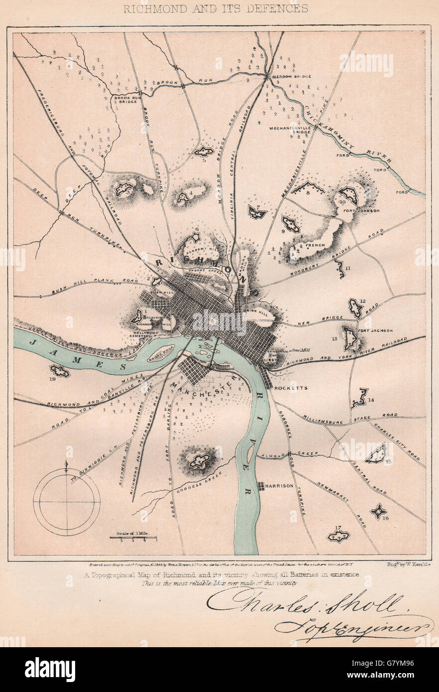 AMERICAN CIVIL WAR. Richmond and its defences. Virginia, 1864 antique ...