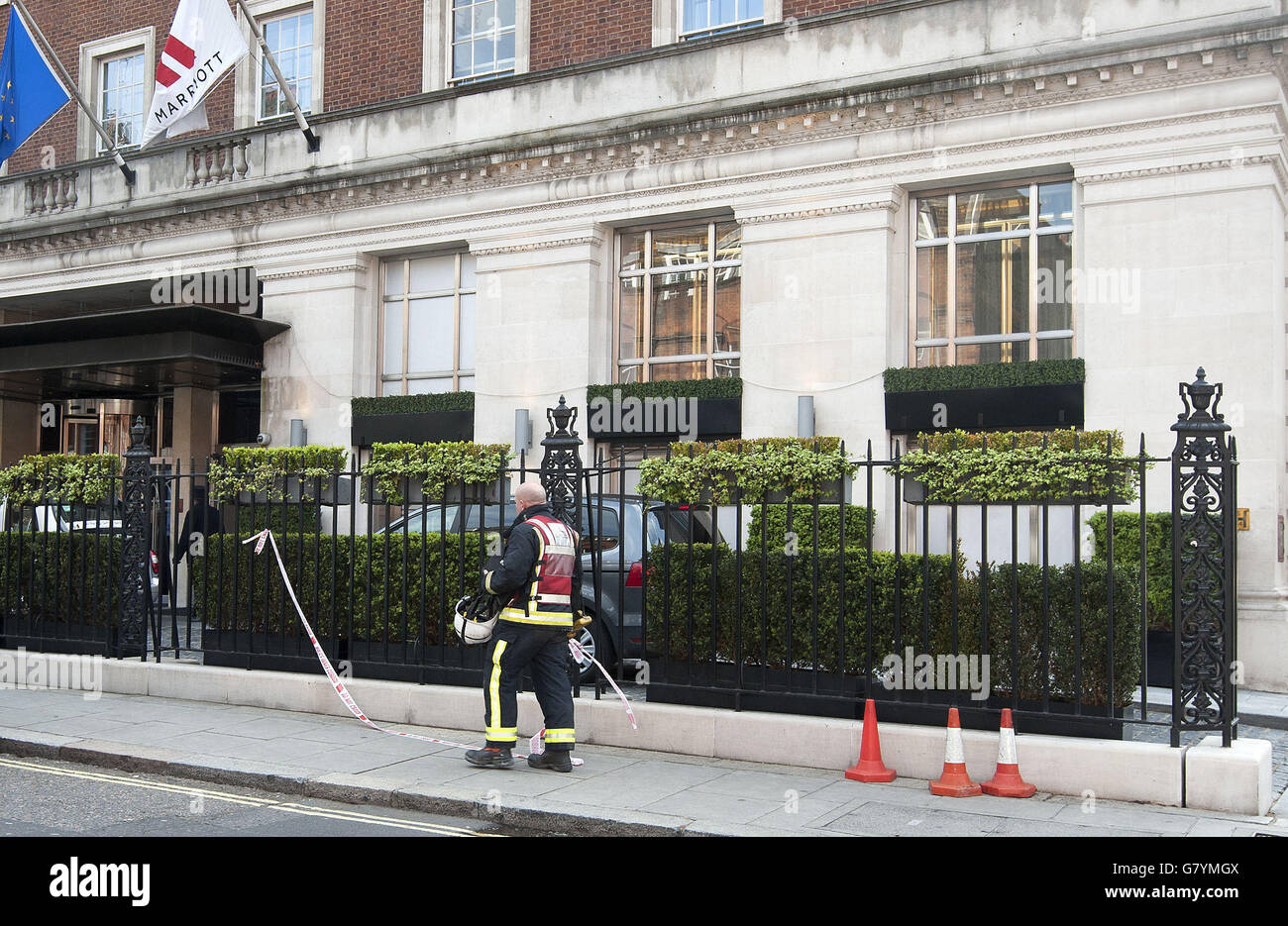 A firefighter outside the Marriott in Grosvenor Square, London, as a ...
