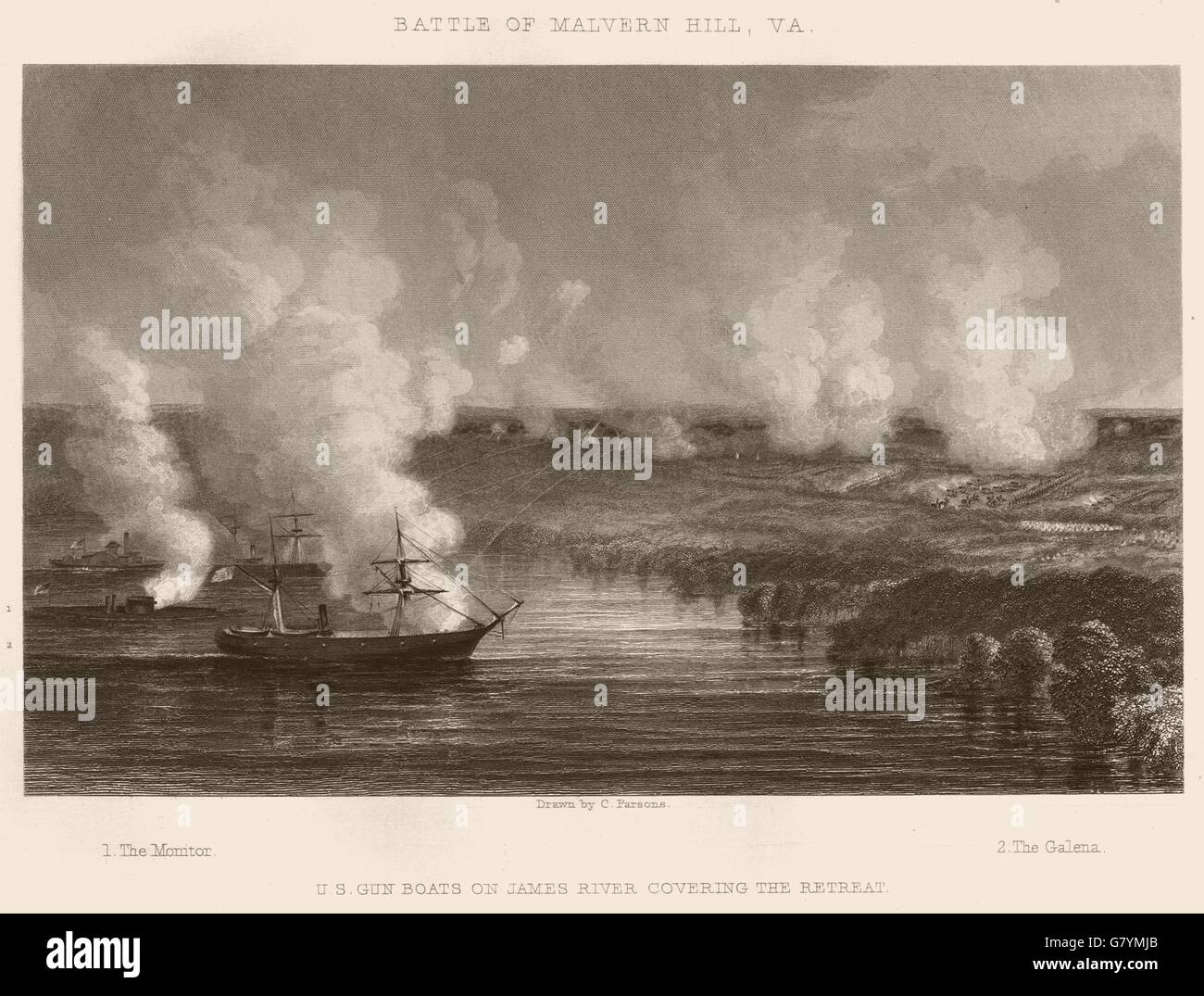 US CIVIL WAR. Battle of Malvern Hill, Virginia.Gunboats James River ...