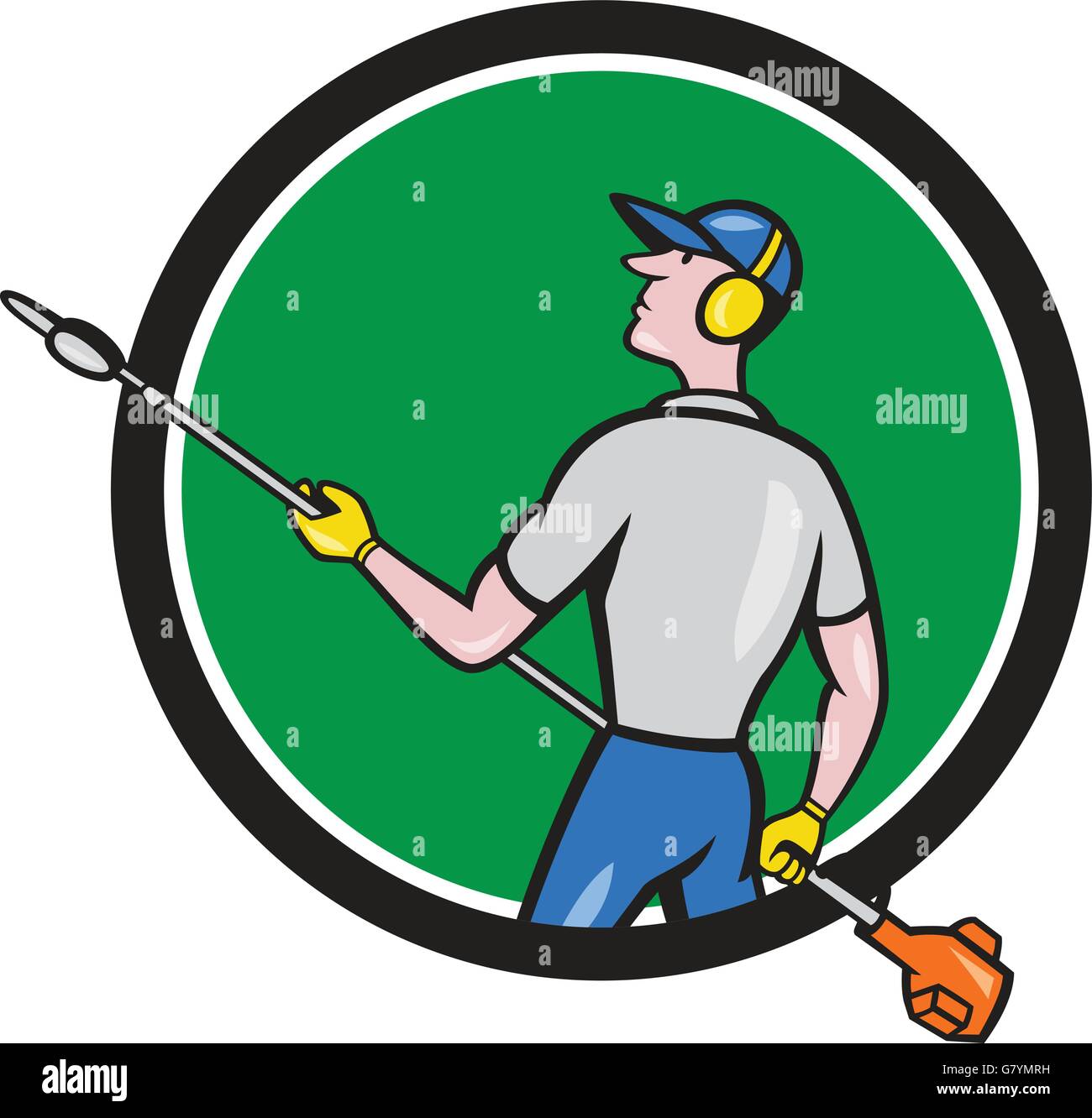 Cartoon style illustration of male gardener holding hedge trimmer ...