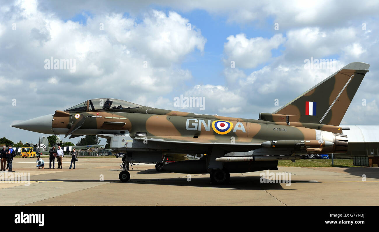 A Typhoon fighter jet painted in the Battle of Britain era paint scheme ...