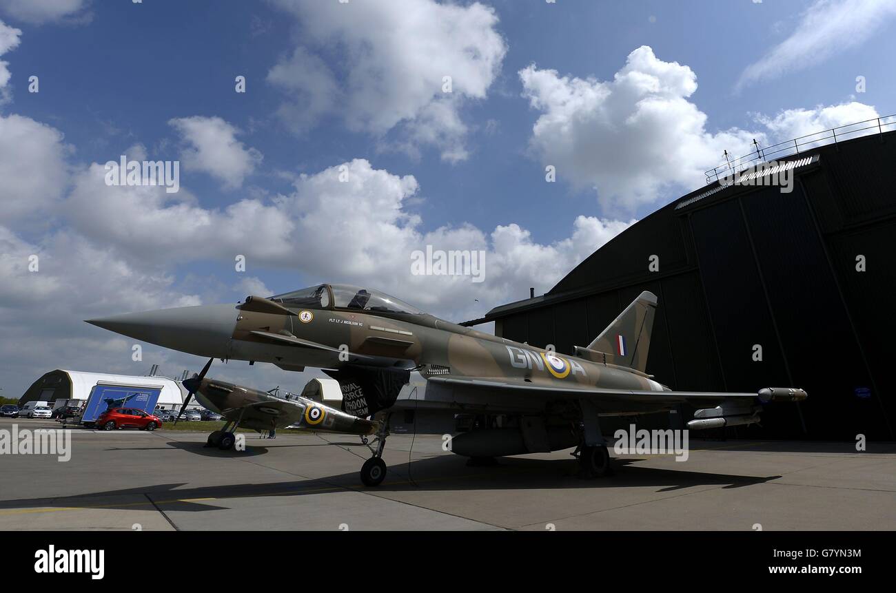 A Typhoon fighter jet painted in the Battle of Britain era paint scheme ...