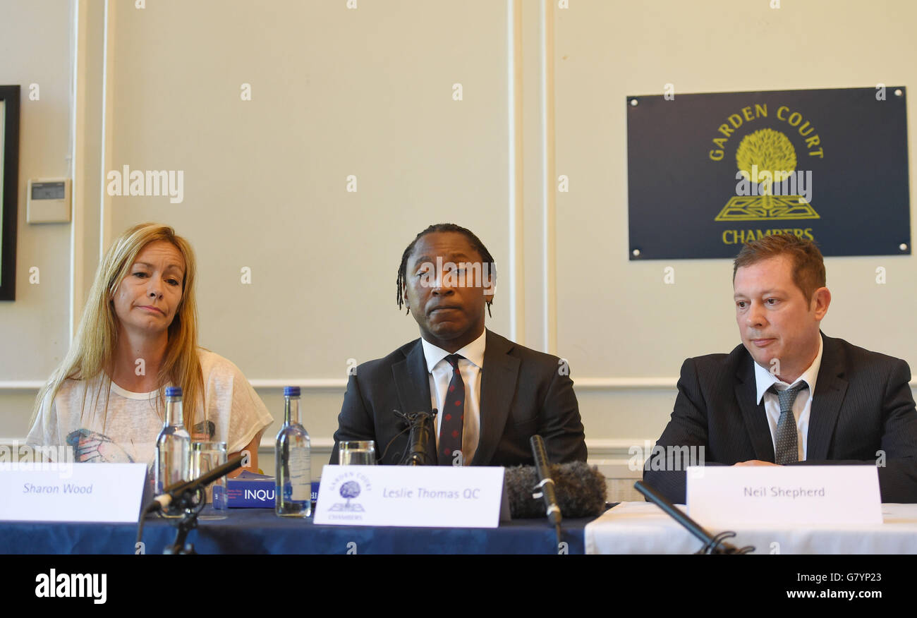 (Left - right) Sharon Wood, Leslie Thomas QC and Neil Shepherd attend a ...