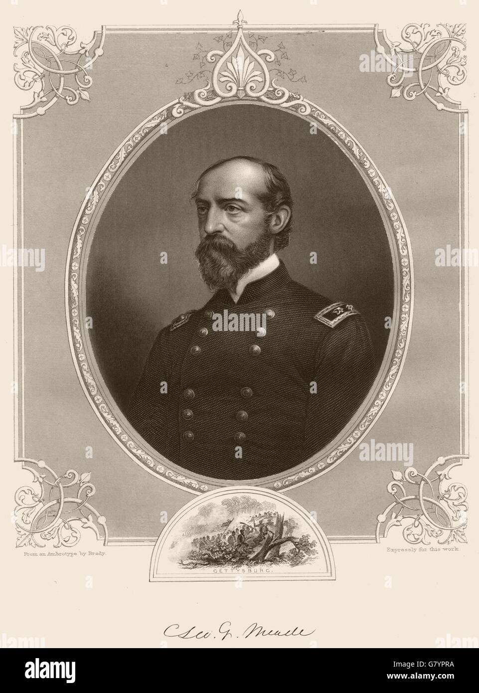 AMERICAN CIVIL WAR. Portrait of General Meade. Inset: Battle of ...