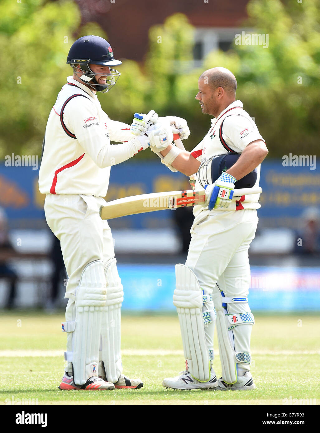 Lancashire's Ashwell Prince (right) celebrates his double century ...