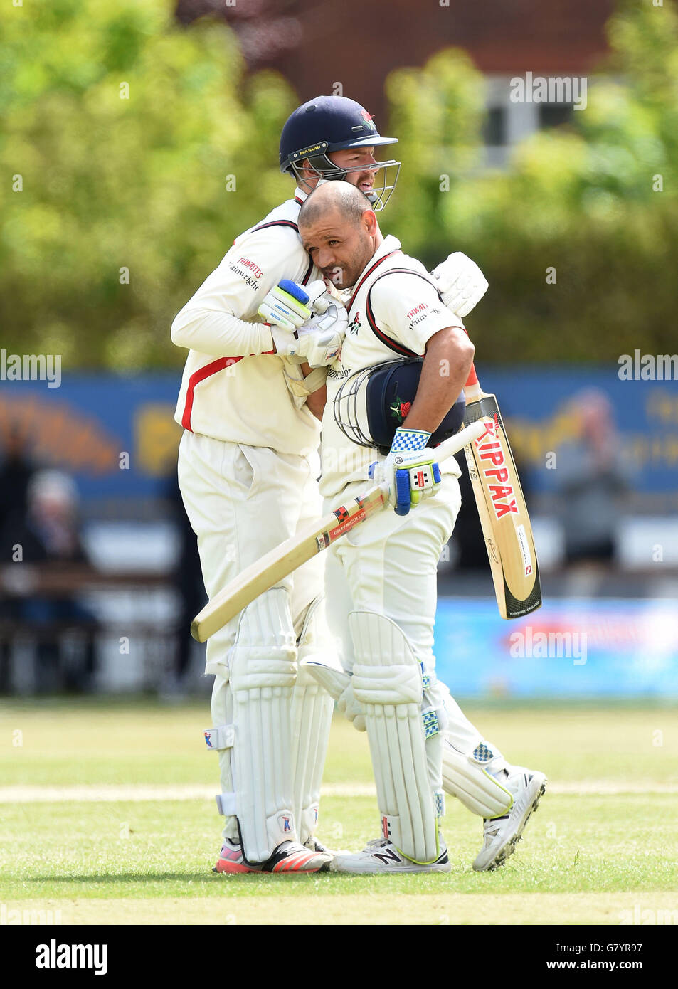 Lancashire's Ashwell Prince (right) celebrates his double century ...