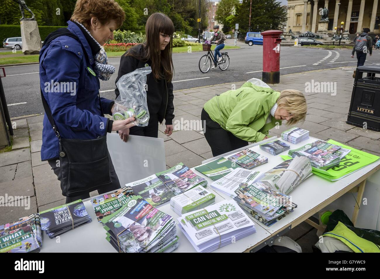 Green Party activists help set up a leaflet stand in Bristol before ...