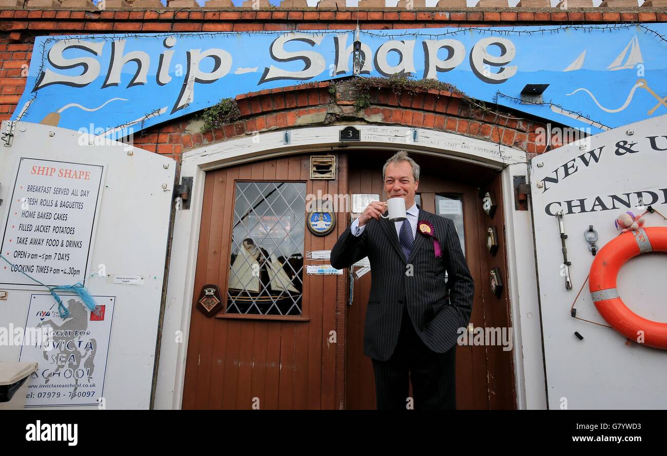 Ukip leader Nigel Farage has a cup of tea at the Ship Shape Cafe during a walk about in Ramsgate ...