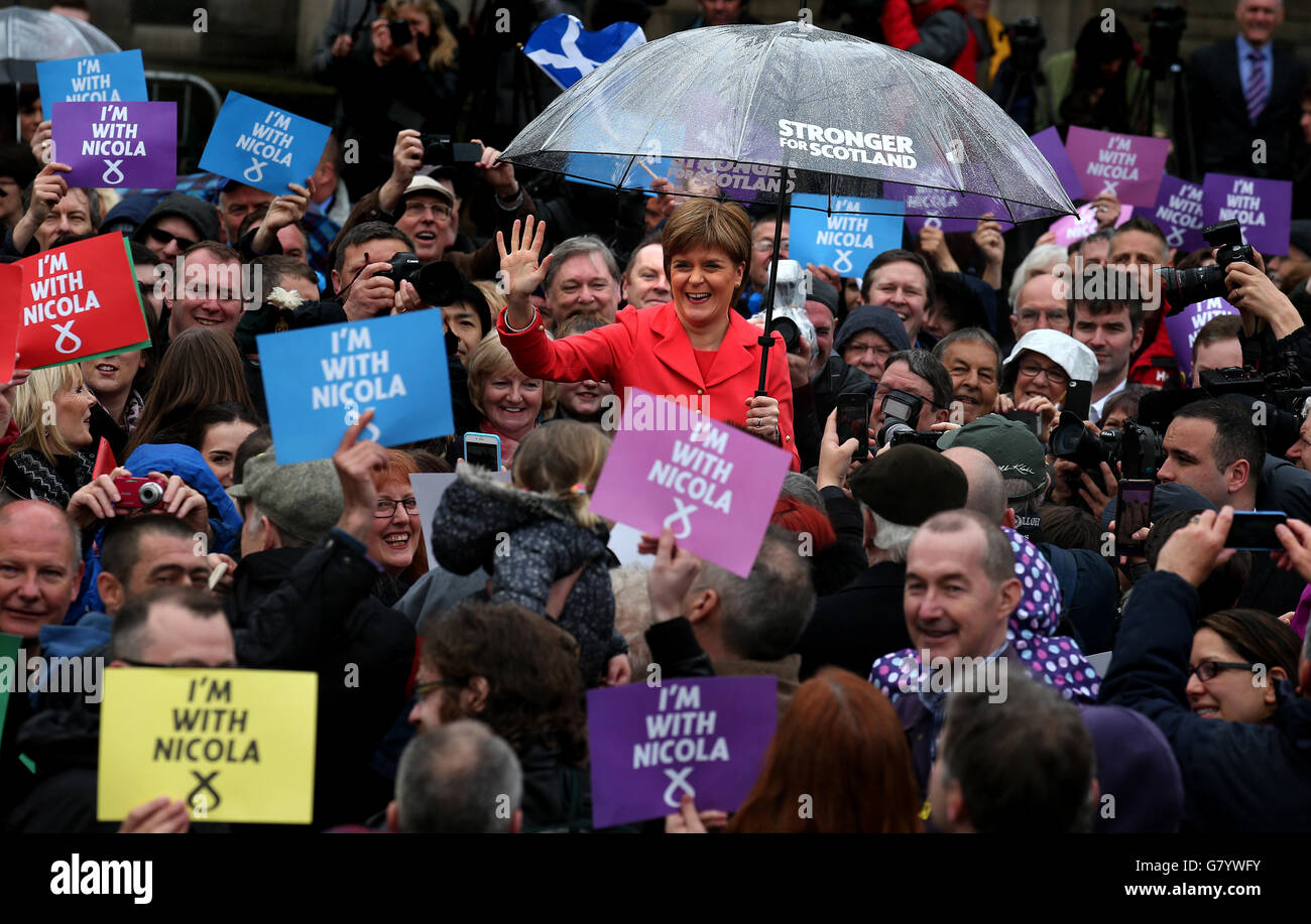 SNP leader Nicola Sturgeon speaks to party activists outside the ...