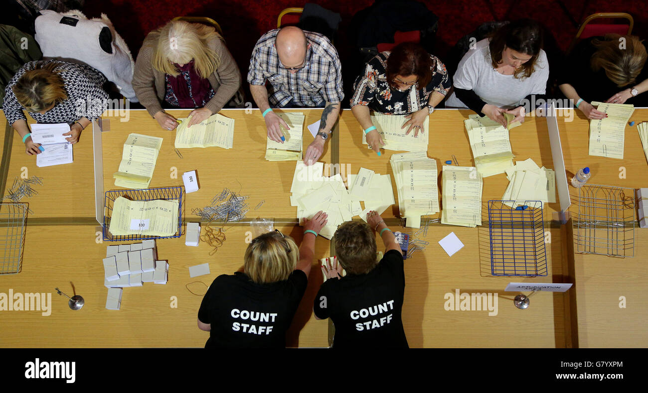 Ballot papers are prepared for counting at the Winter Gardens in ...