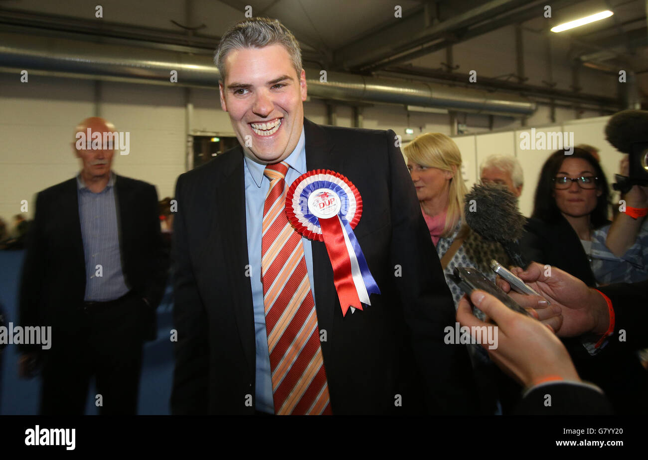 DUP candidate for East Belfast Gavin Robinson arrives as counting in ...