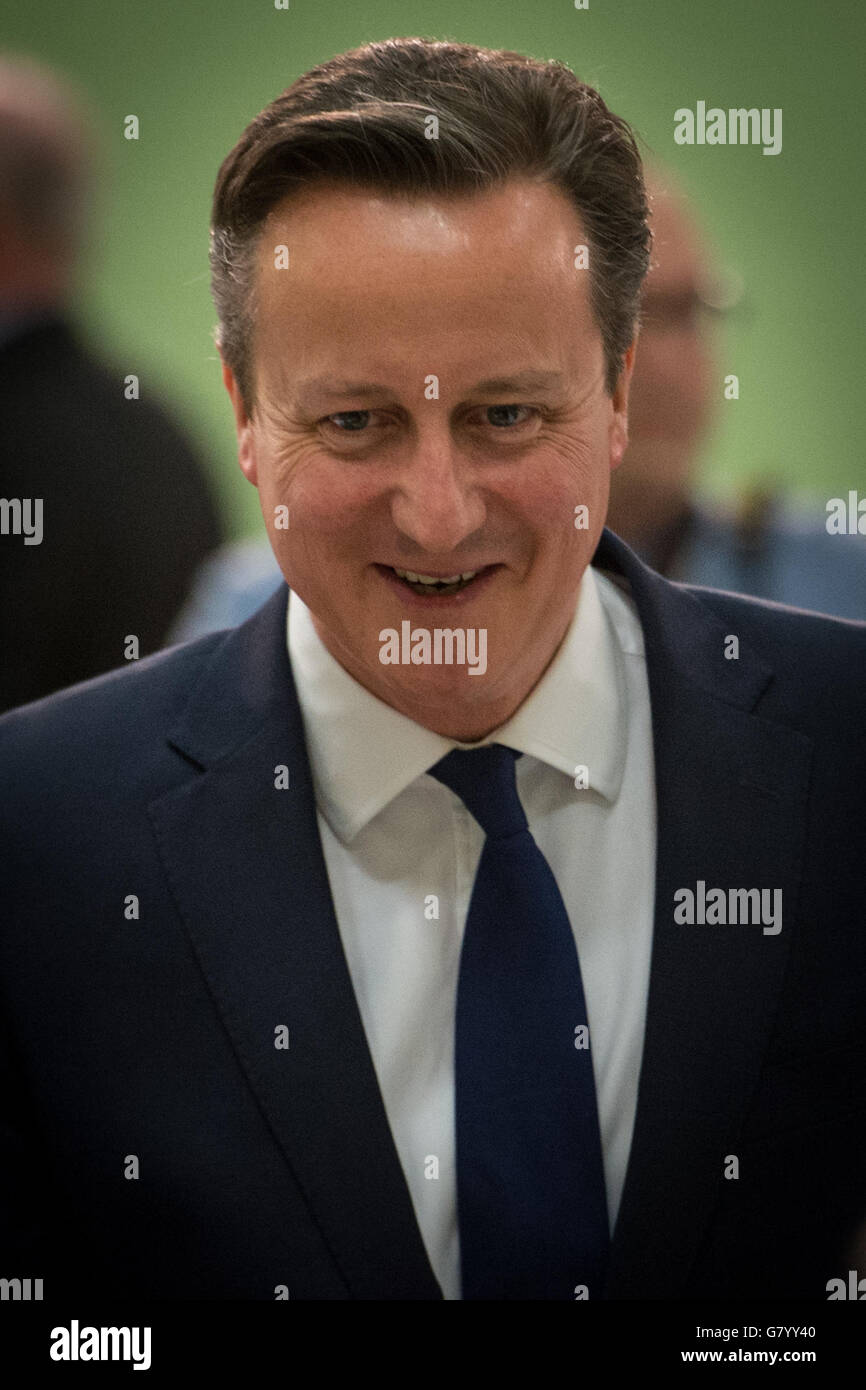 Prime Minister David Cameron arrives at at the Windrush Leisure Centre ...