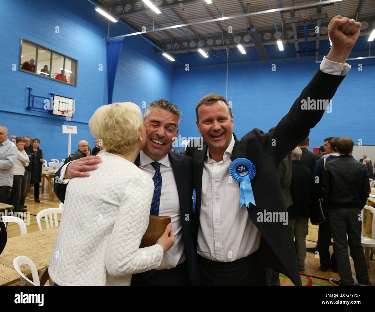 Conservative candidate Craig Tracey (centre) celebrates winning the ...
