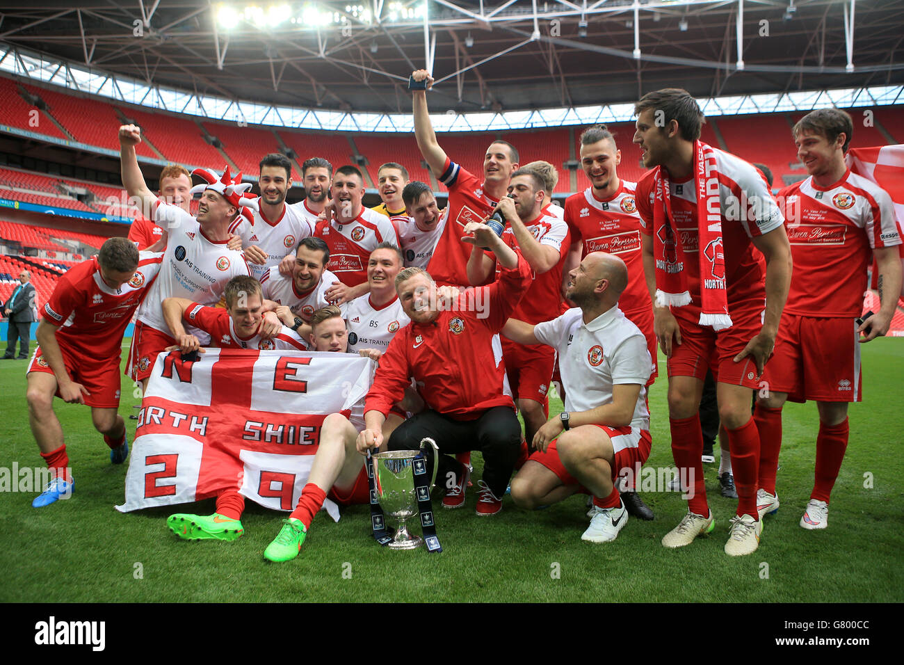 North Shields manager Graham Fenton (centre) celebrates victory with ...