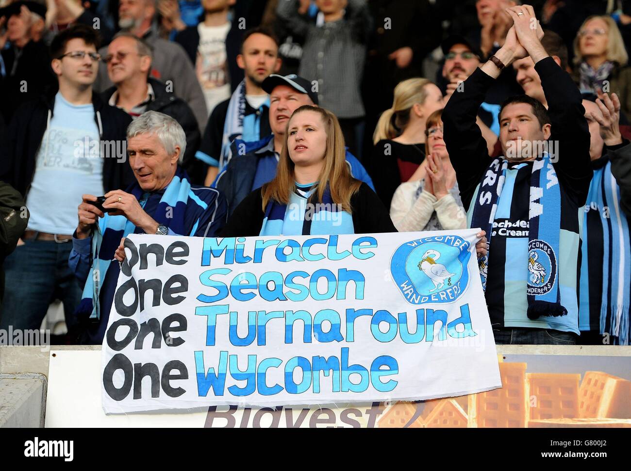 Wycombe Wanderers fans display a banner in the stands before the Sky ...