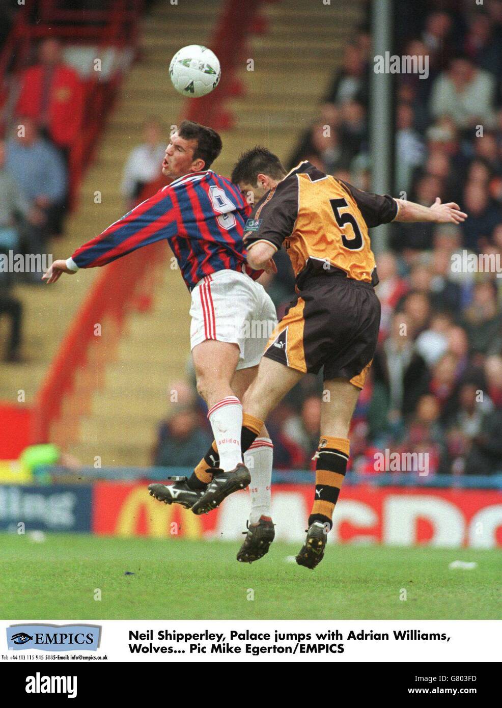 Neil Shipperley, Palace jumps with Adrian Williams, Wolves Stock Photo ...