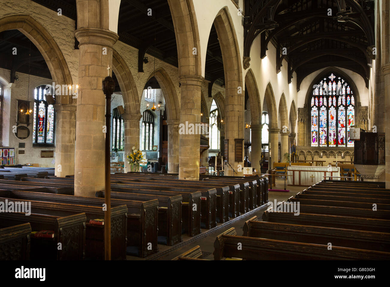 UK, Cumbria, Kendal, Parish church interior, central aisle and ...