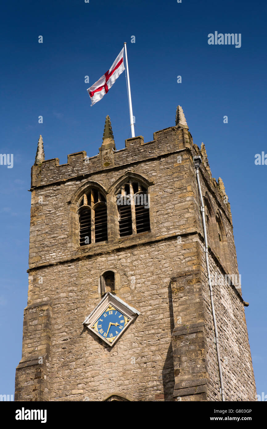 UK, Cumbria, Kendal, Kirkand, Parish church tower, with English flag of ...