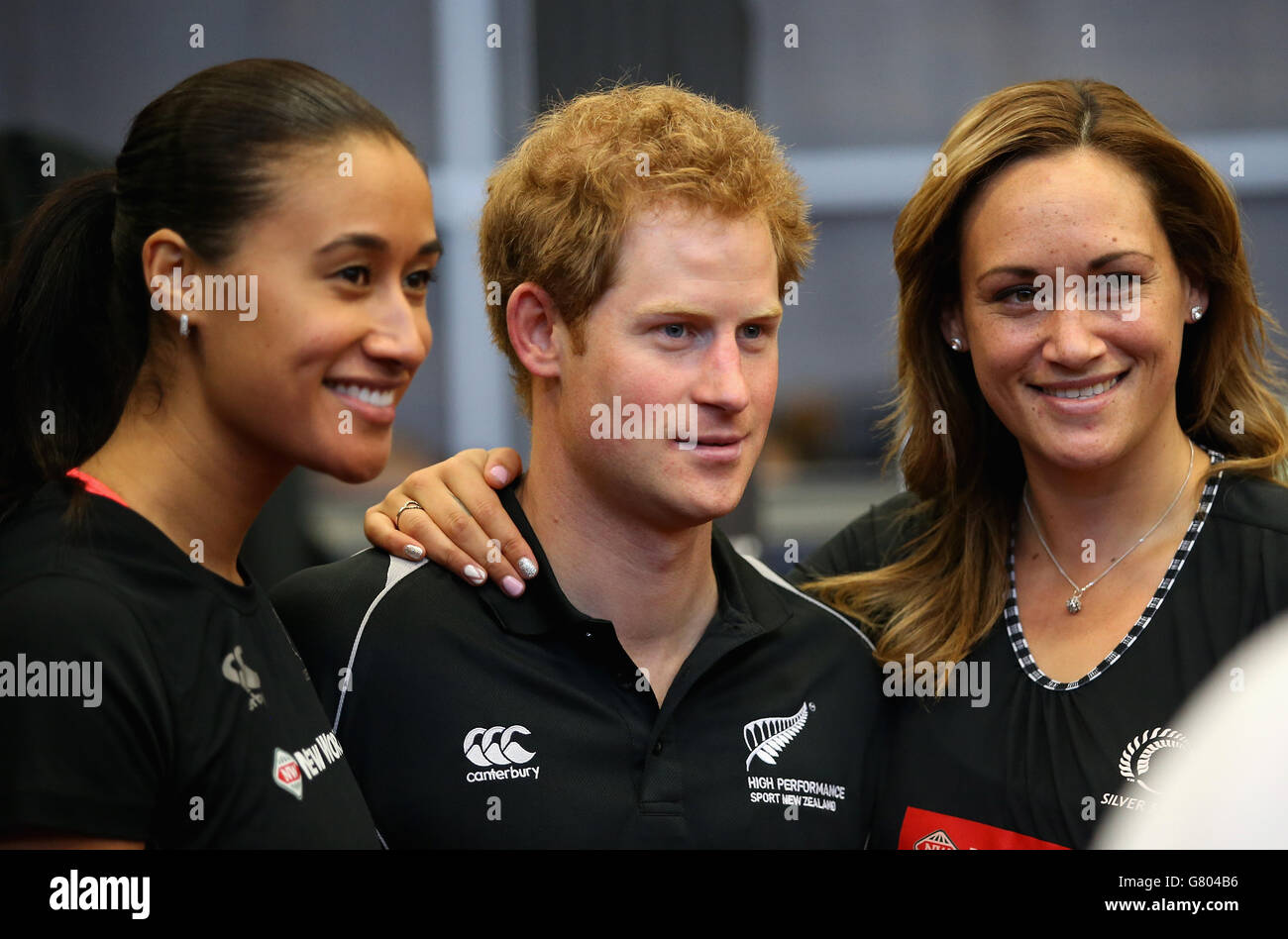 Prince Harry, poses with Silver Ferns Maria Tutaia and Catherine Latu ...