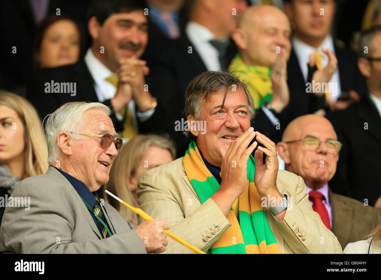 Norwich City fan Stephen Fry looks on from the stands during the Sky ...
