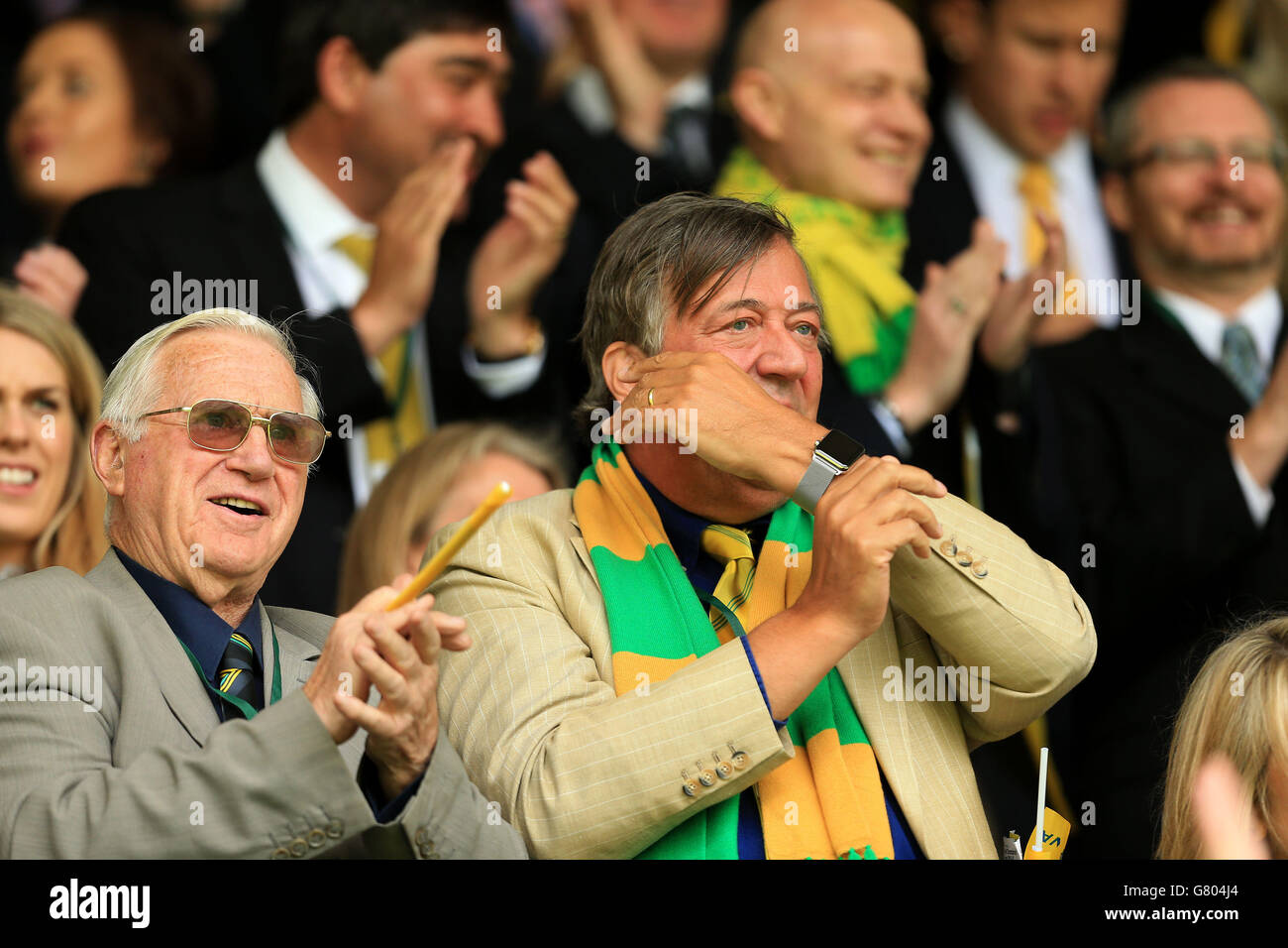 Norwich City fan Stephen Fry looks on from the stands during the Sky ...
