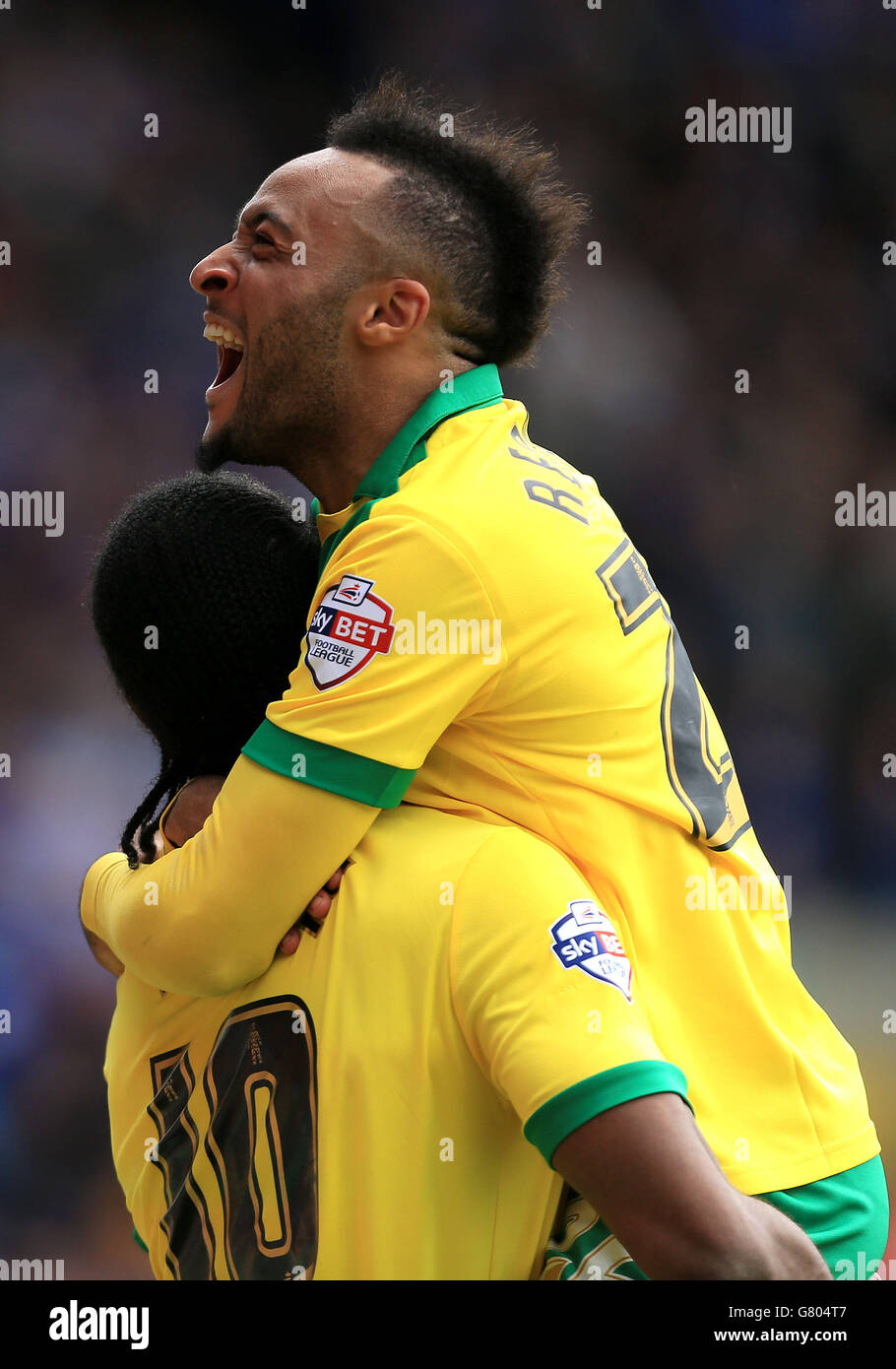 Norwich City's Nathan Redmond celebrates after team mate Cameron Jerome ...