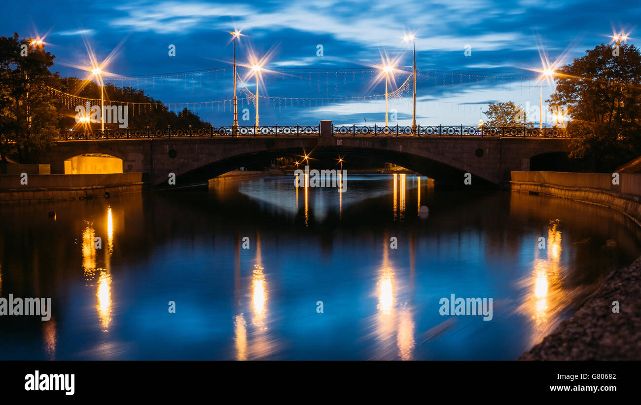 Night View Of River And Bridge In Center Of Minsk, Belarus Stock Photo ...