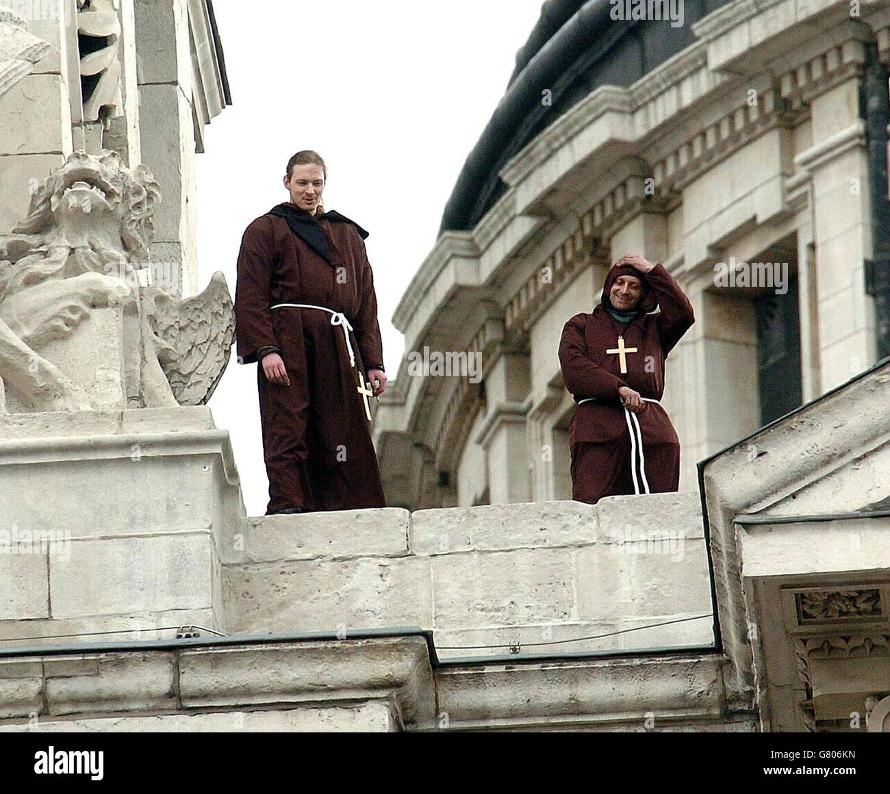 A Fathers 4 Justice protester wearing a monk's out-fit on the front of ...