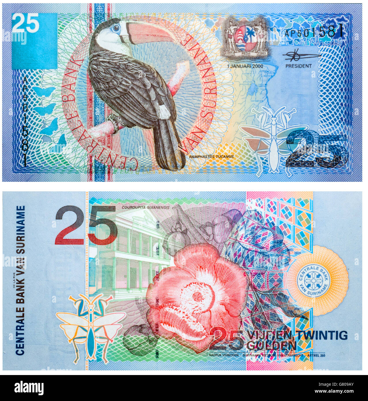 Banknote 25 Gulden Suriname front and back isolated on white emitted on ...