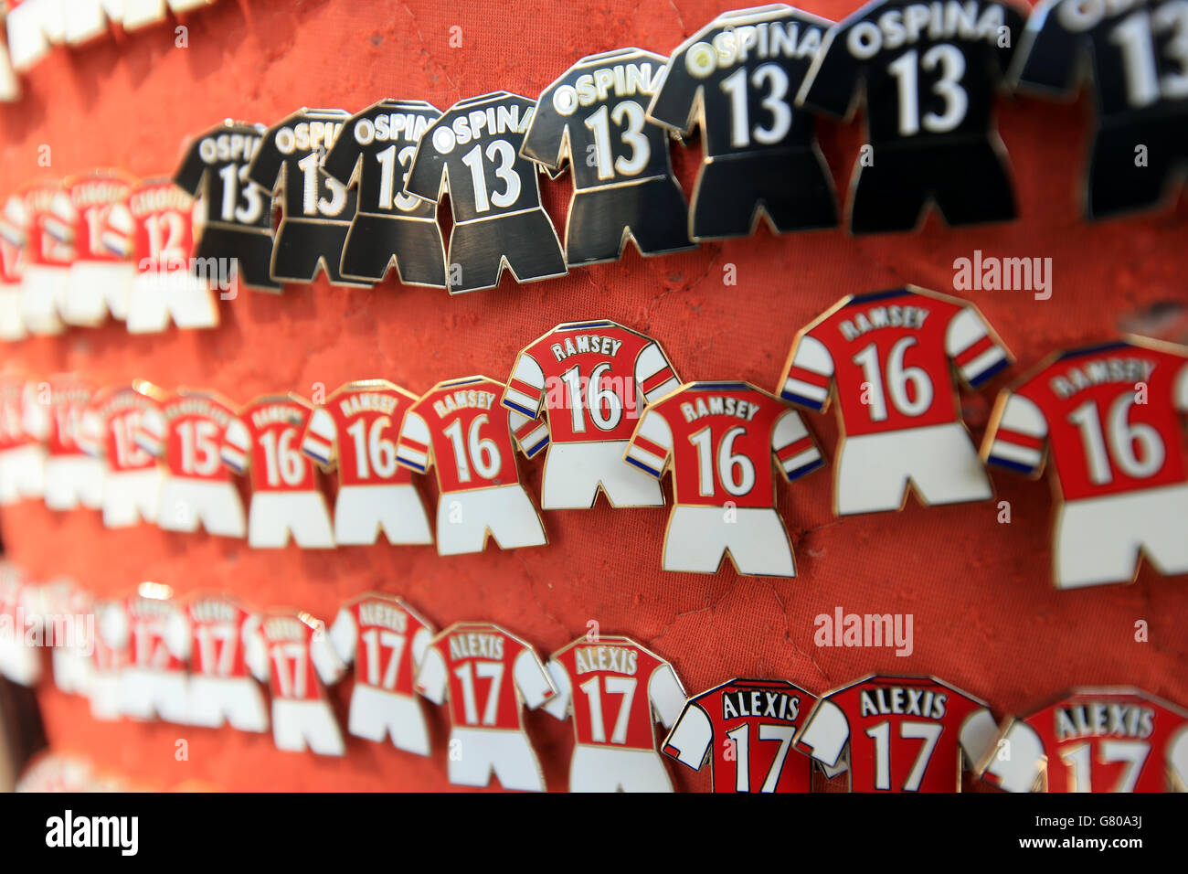 A general view of Arsenal badges on sale outside the ground during the ...