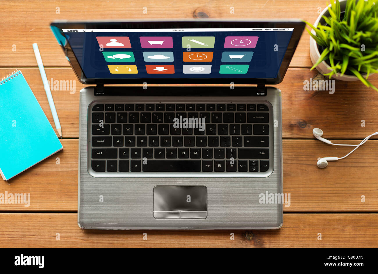 close up of laptop computer with menu icons Stock Photo - Alamy