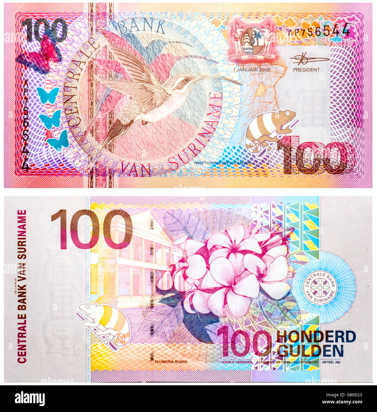 Banknote 100 Gulden Suriname front and back isolated on white emitted ...