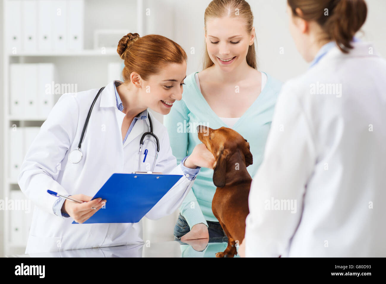happy woman with dog and doctor at vet clinic Stock Photo - Alamy