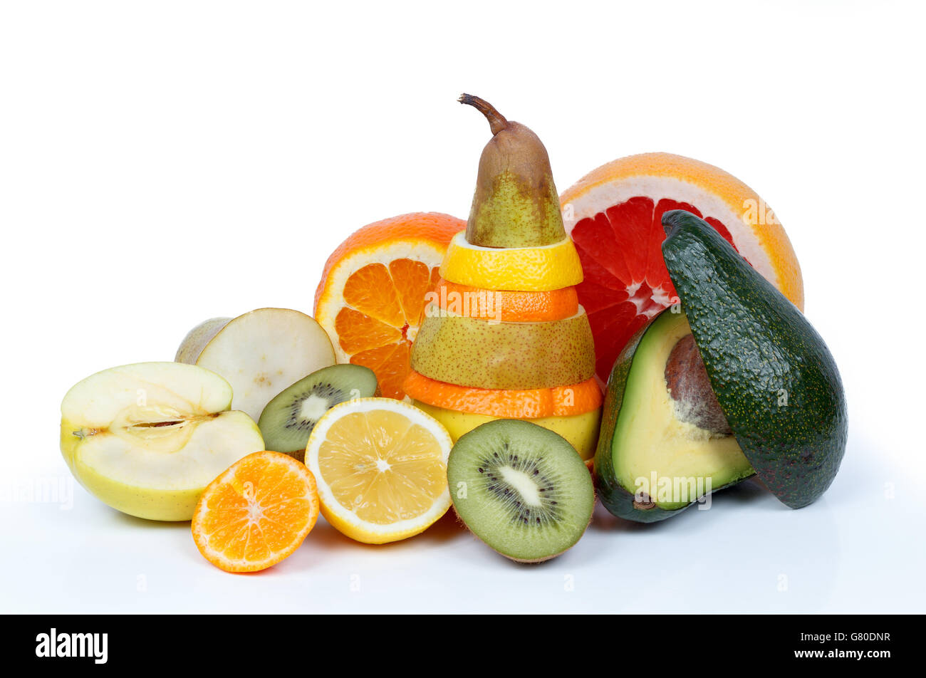 Various fruits grouped on a white background Stock Photo - Alamy