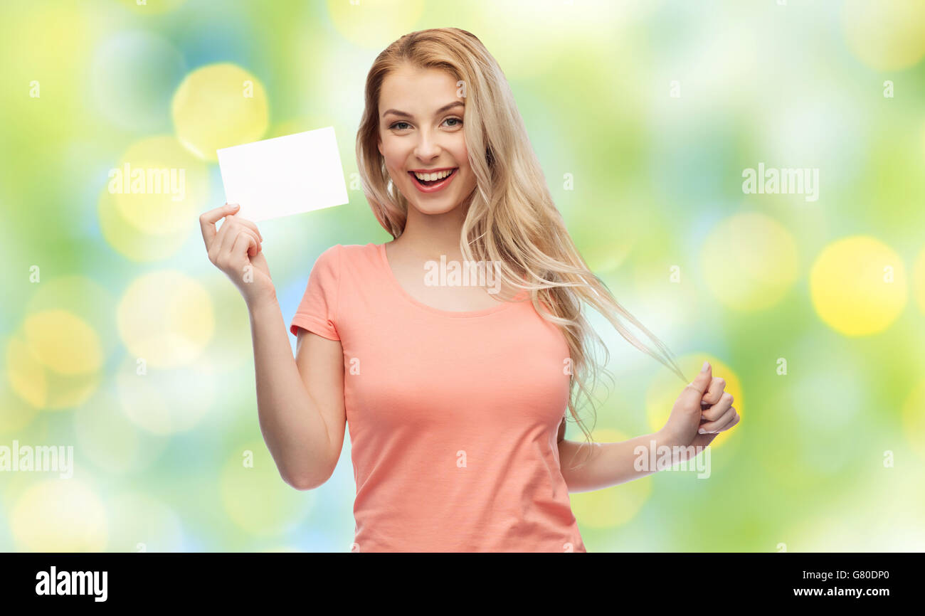 happy woman or teen girl with blank white paper Stock Photo - Alamy