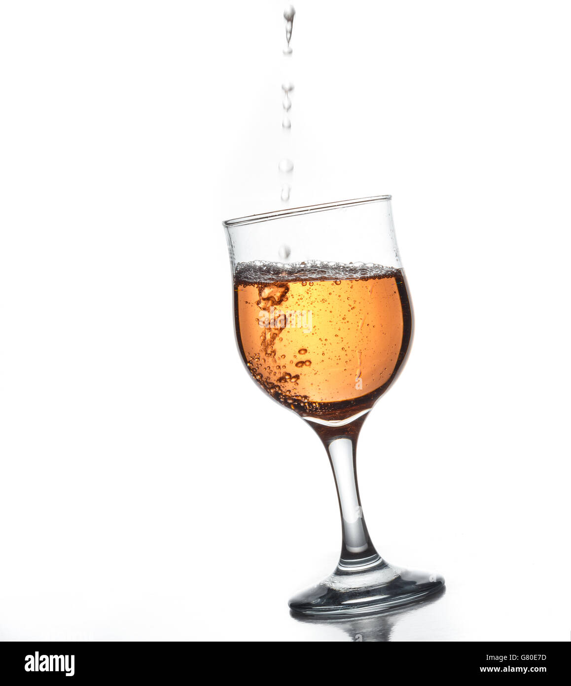 Tilted glass of wine on a white background, sparkling alcoholic ...